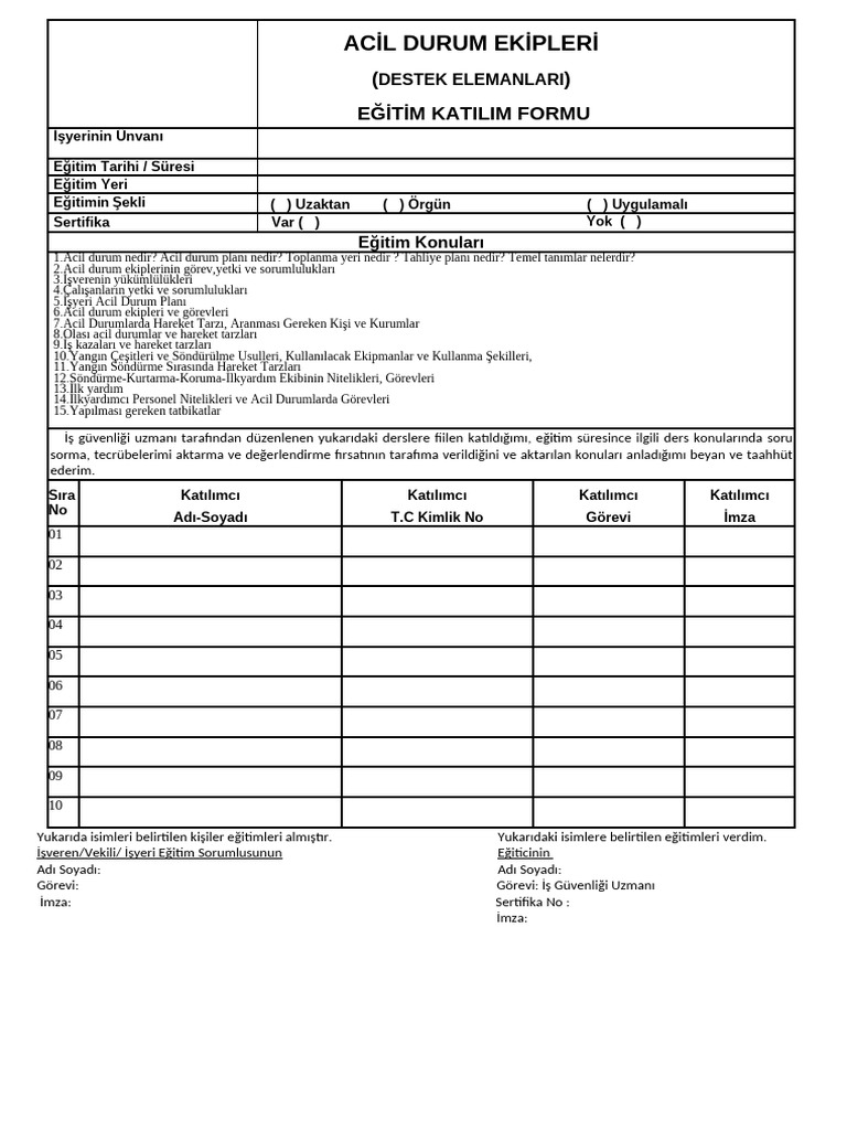 Aci̇l Durum Eki̇pleri̇ (Destek Elemanlari) Eği̇ti̇m Katilim Formu | PDF