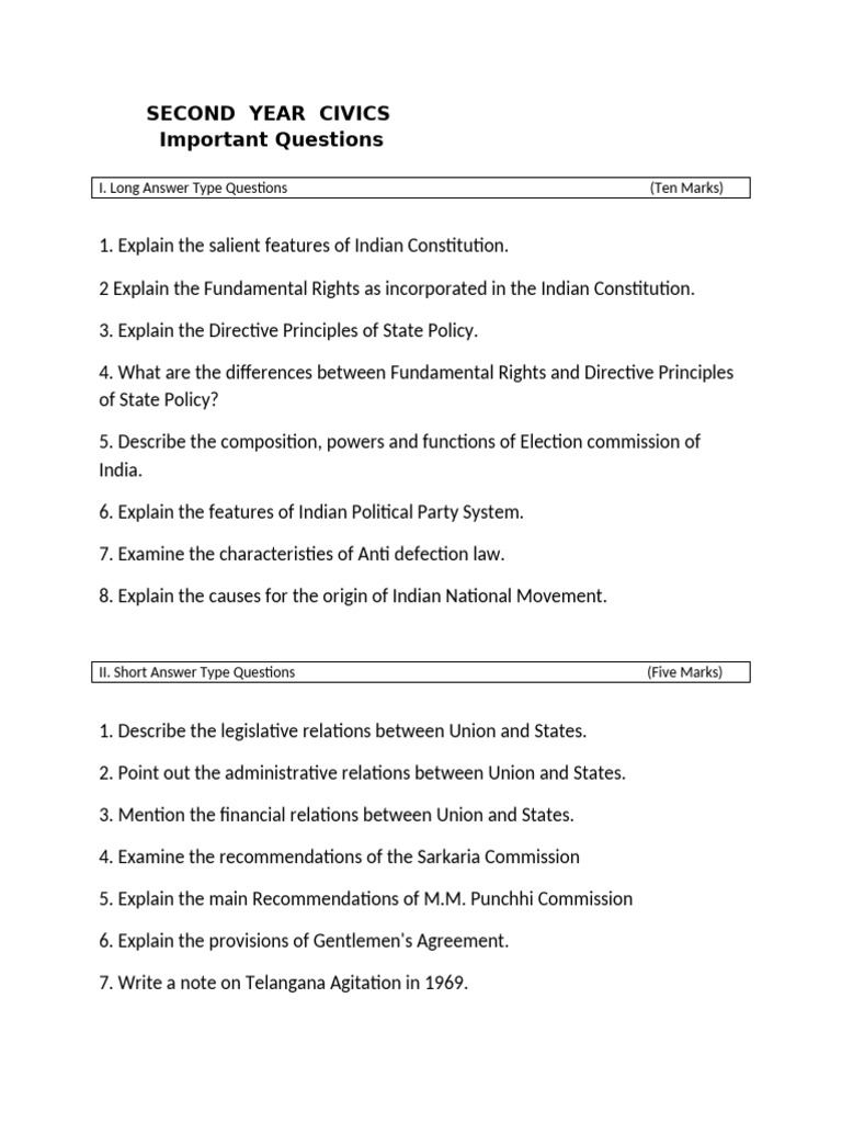 Important Questions for Second Year Civics | PDF