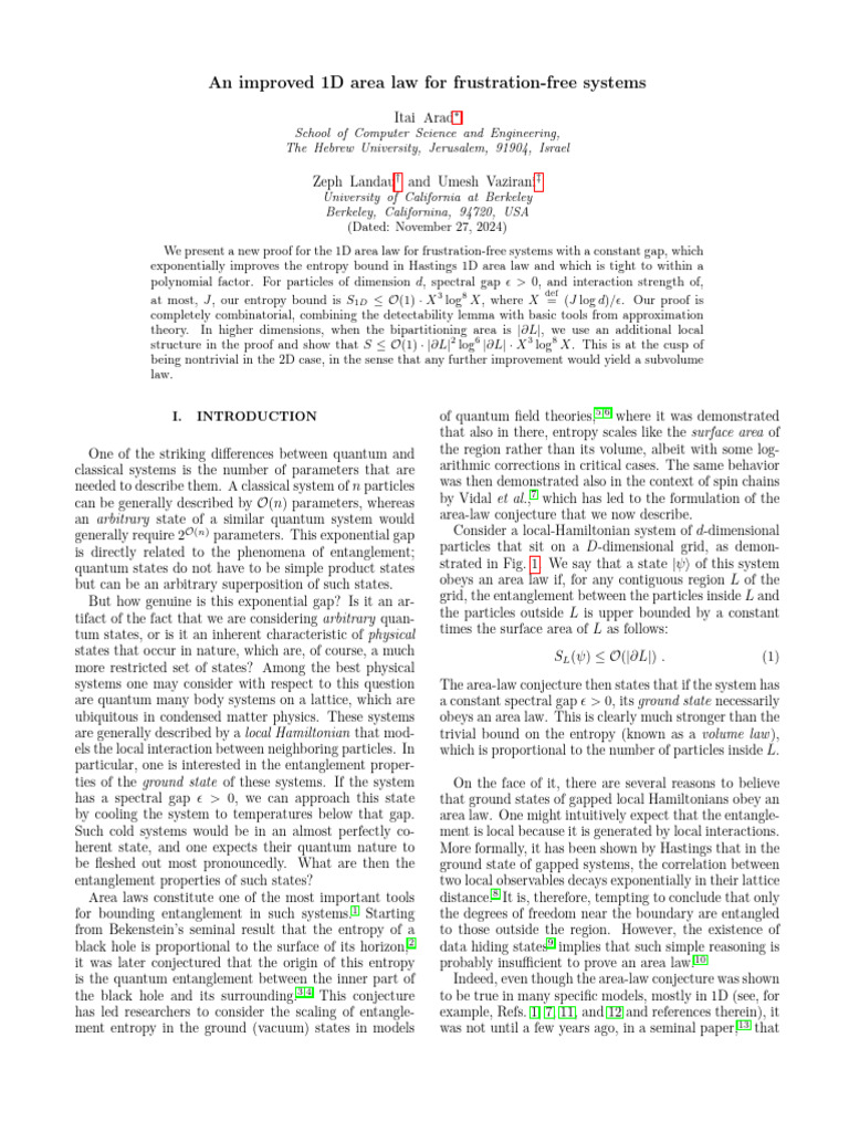 Improved 1D Area Law for Frustration-Free Systems | PDF | Quantum ...