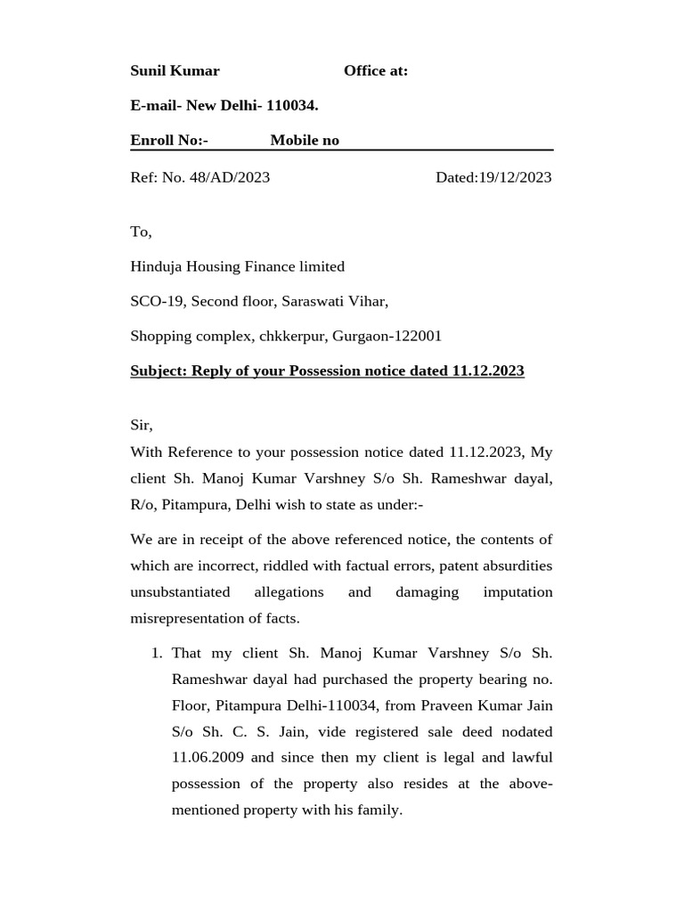 Reply To Possession Notice | PDF