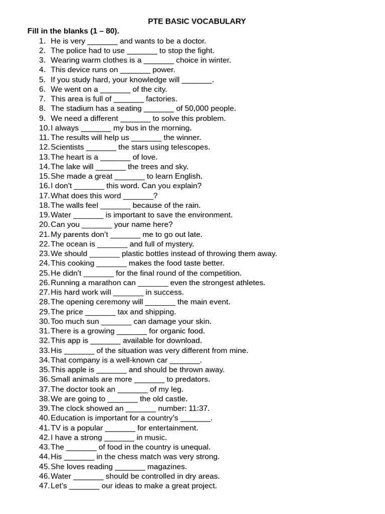 Pte Basic Vocabulary - Exercise 1-80 | PDF