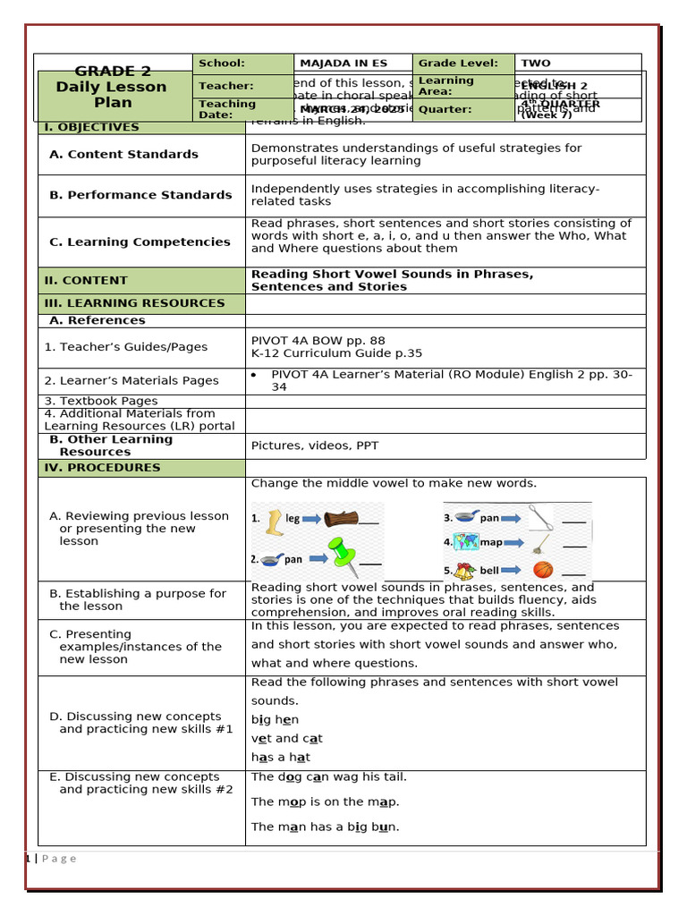 Short Vowel Reading Lesson Plan | PDF | Learning | Teachers