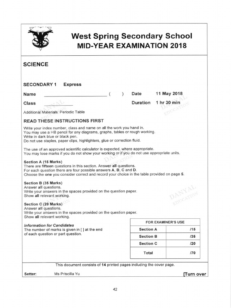 West Spring Secondary Sec 1 SA1 2018 Science | PDF | Atoms | Chemical ...
