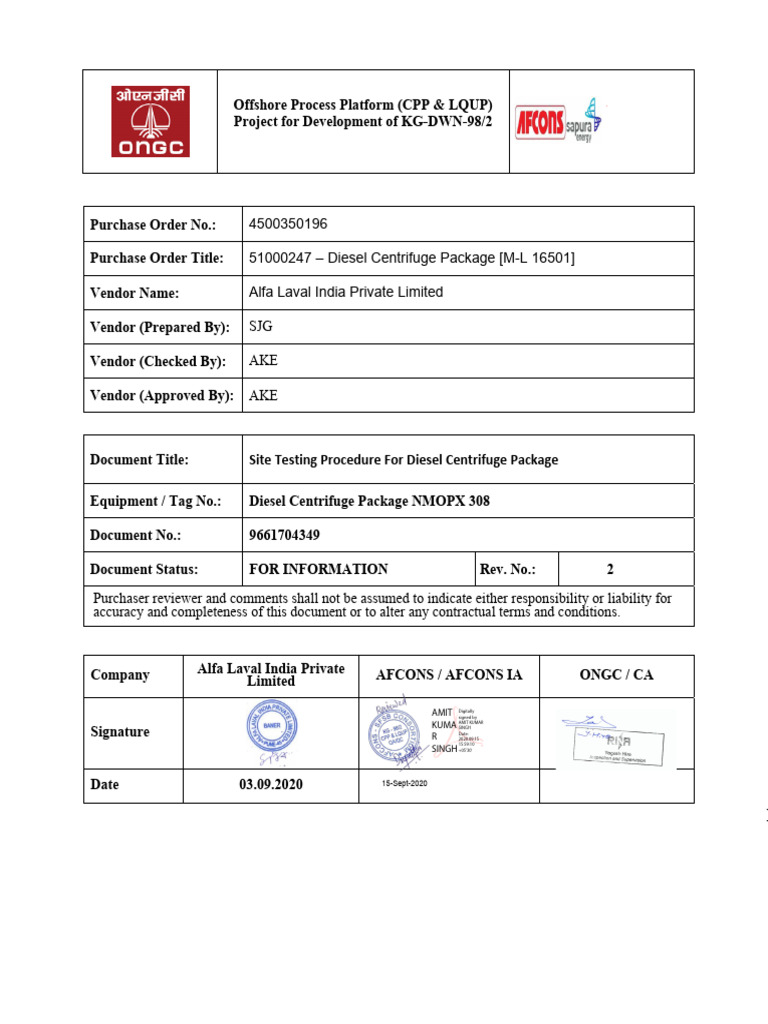 Rev. 2 (SAT Procedure For Diesel Centrifuge Package) - RINA Approved ...