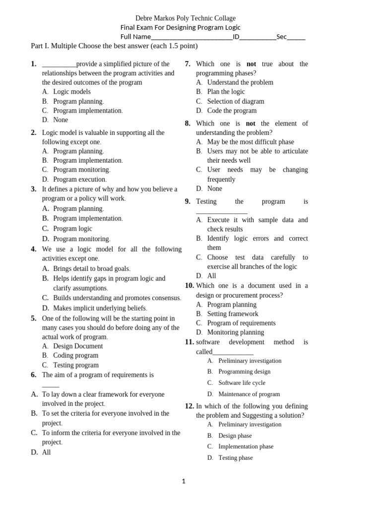 Design Programing Logic Final Exam | PDF | Software Development | Algorithms