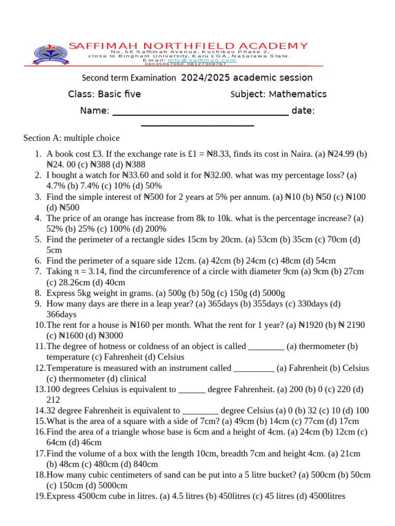 Mathematics Exam Basic 5 | PDF | Area | Litre
