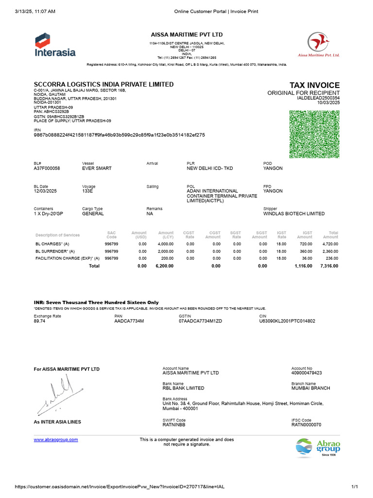 Aissa Maritime Pvt Ltd Invoice Details | PDF
