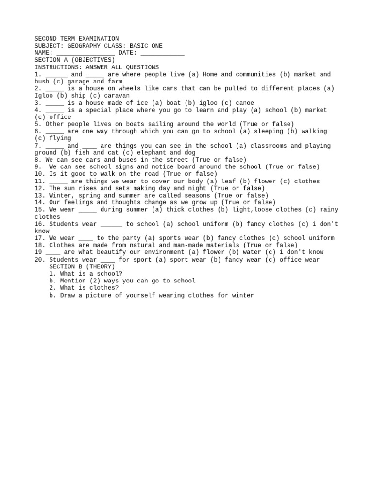 Basic One Geography Exam Questions | PDF