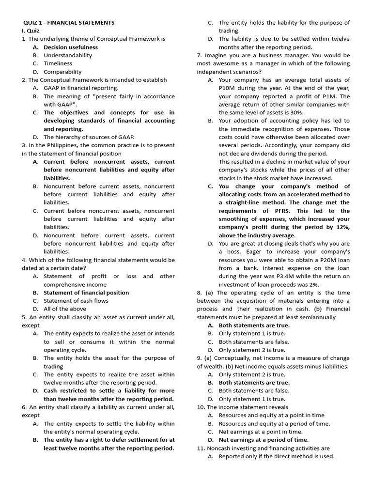 Financial Statements Quiz Questions | PDF | Depreciation | Fair Value