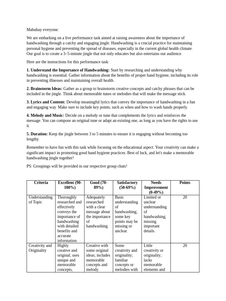 Handwashing Jingle Rubrics | PDF | Hand Washing | Creativity