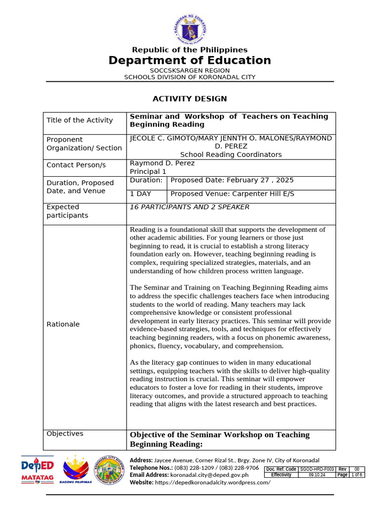 ACTIVITY DESIGN For Teachers Training | PDF | Literacy | Behavior Modification