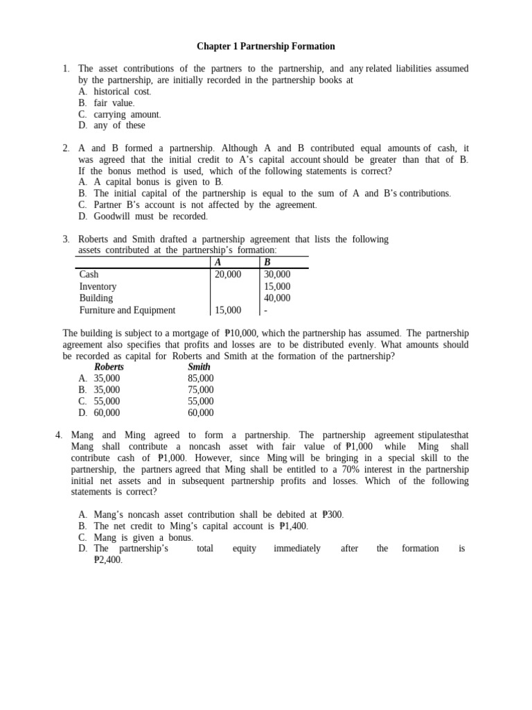 Chapter 1 Quiz 1 Partnership Formation | PDF | Partnership | Equity (Finance)