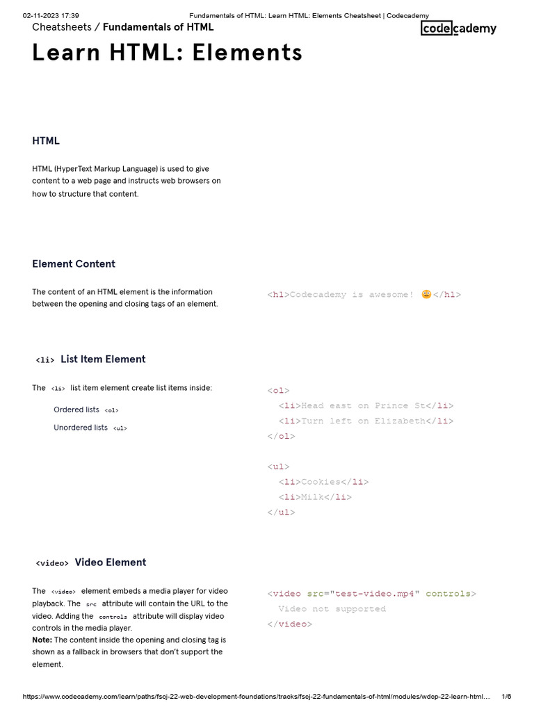 Fundamentals of HTML - Learn HTML - Elements Cheatsheet - Codecademy | PDF | Html Element | Html