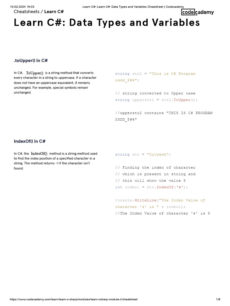 Learn C#_ Learn C#_ Data Types and Variables Cheatsheet _ Codecademy | PDF | C Sharp ...