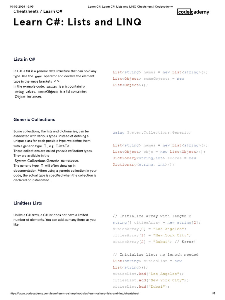 Learn C# - Learn C# - Lists and LINQ Cheatsheet - Codecademy | PDF | C ...