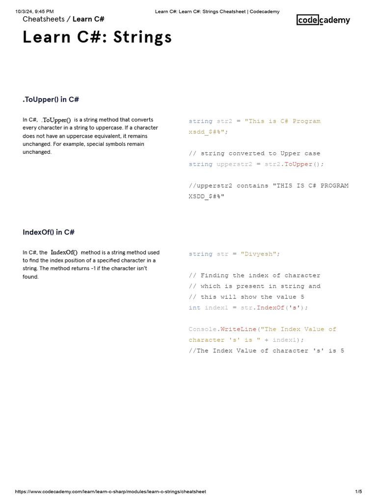 Learn C#_ Learn C#_ Strings Cheatsheet _ Codecademy | PDF | C Sharp (Programming Language ...