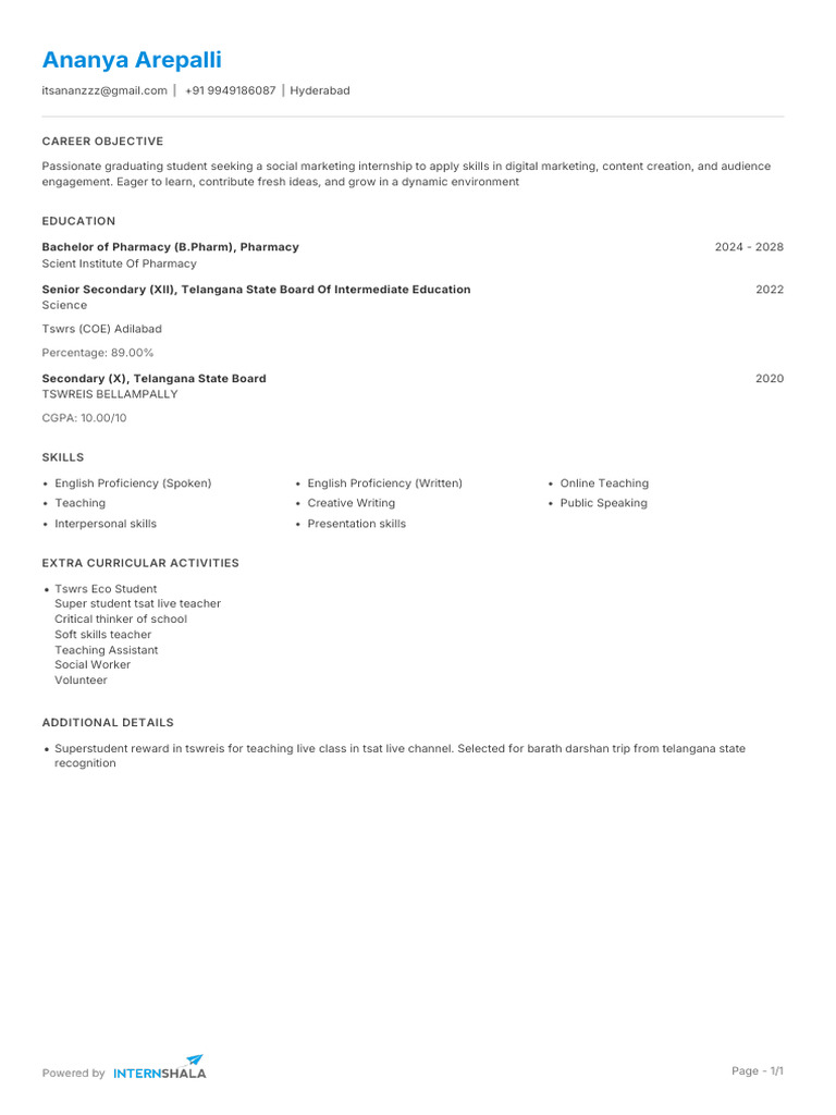 AnanyaArepalli InternshalaResume | PDF