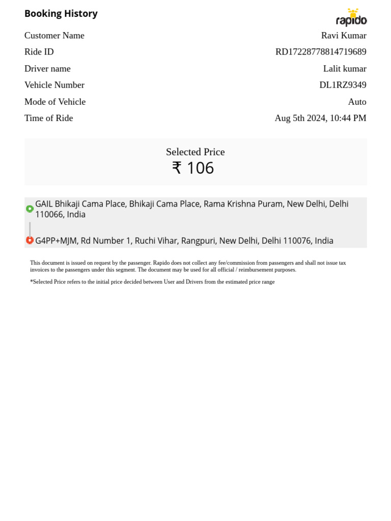 Bhikaji Cama Pkace To Vasant Kunj Rapido Ride | PDF