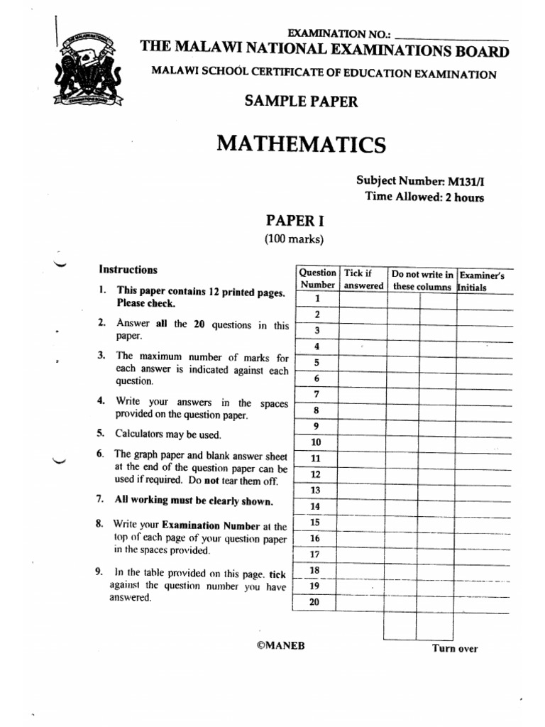 MSCE MATHEMatics SAMPLE PAPER I | PDF