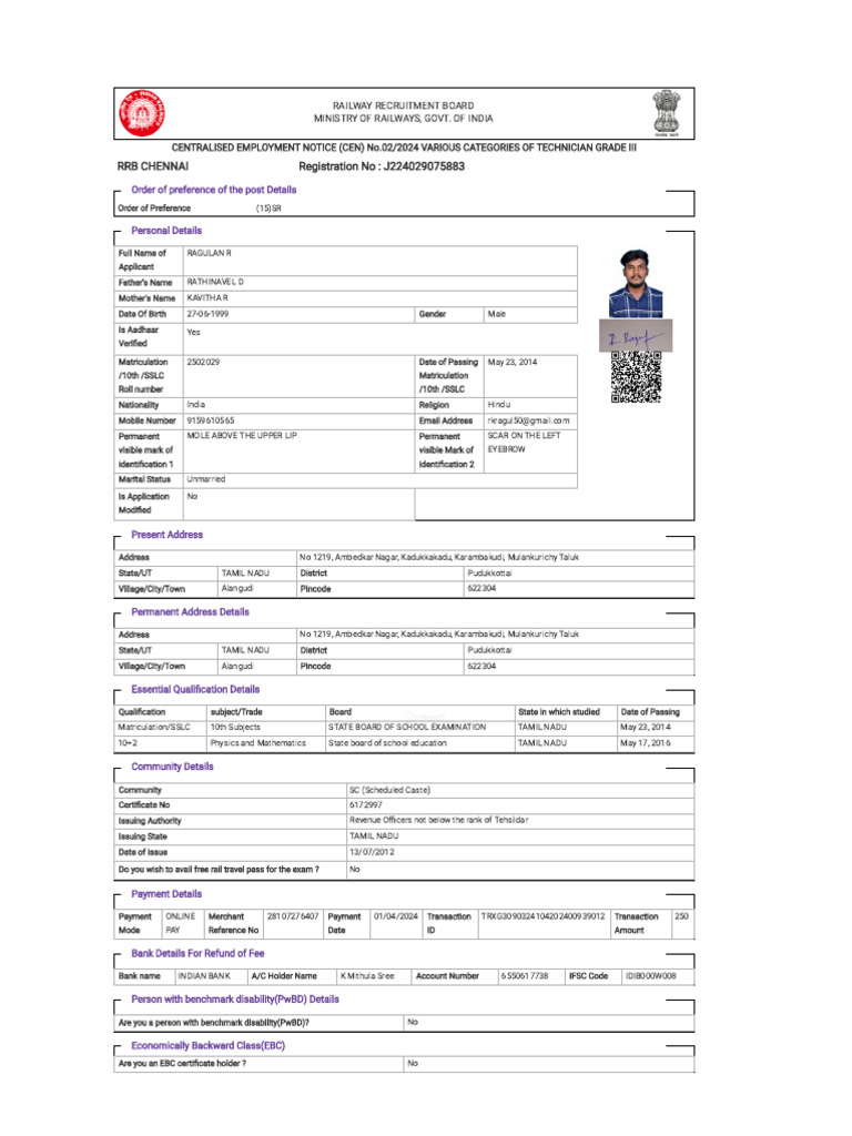 Rrbapply.gov.in # Pscexamservice Candidate View Application Id=62f78e40 ...