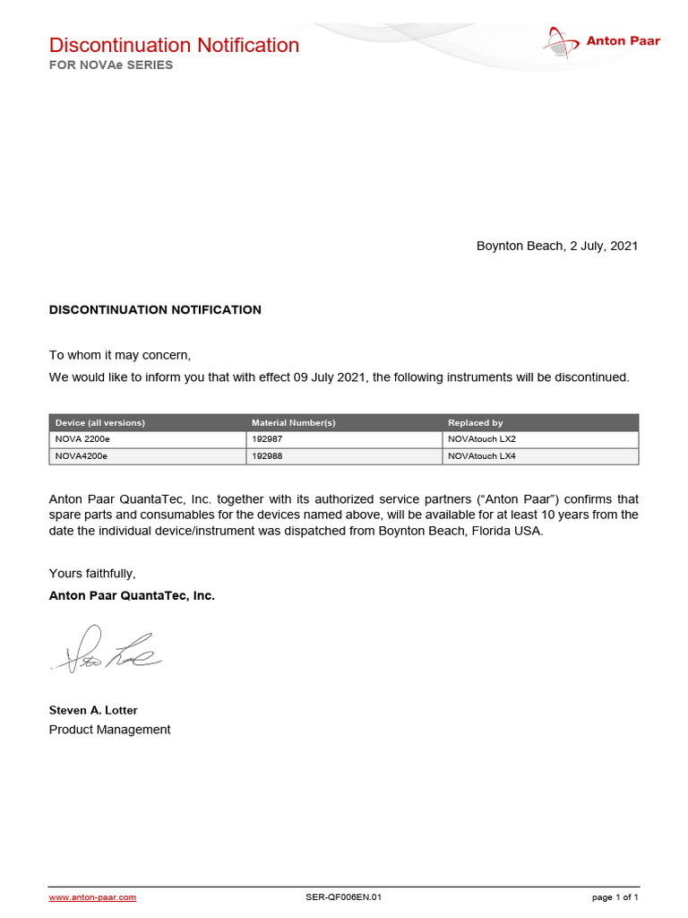 SER-QF006EN Discontinuation Notification NOVAe Series | PDF