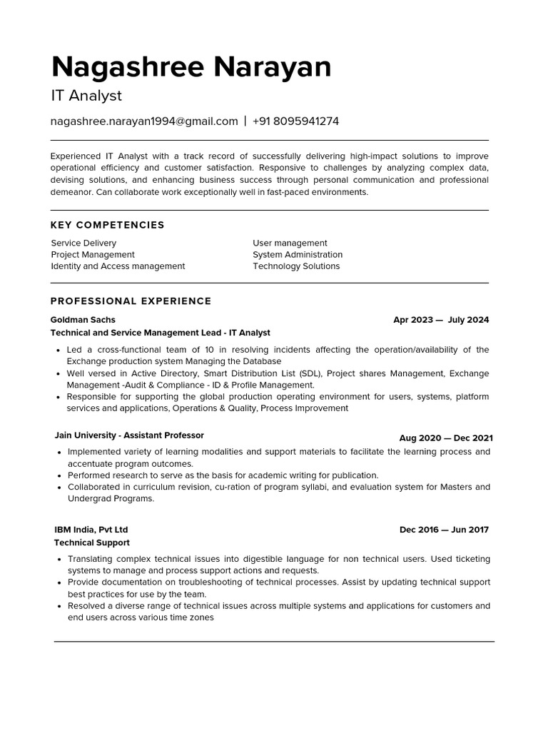 Nagashree Narayan Resume | PDF | Technical Support | Computing