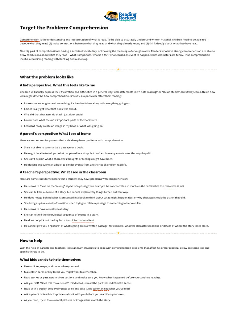Target The Problem - Comprehension - Reading Rockets | PDF | Reading ...