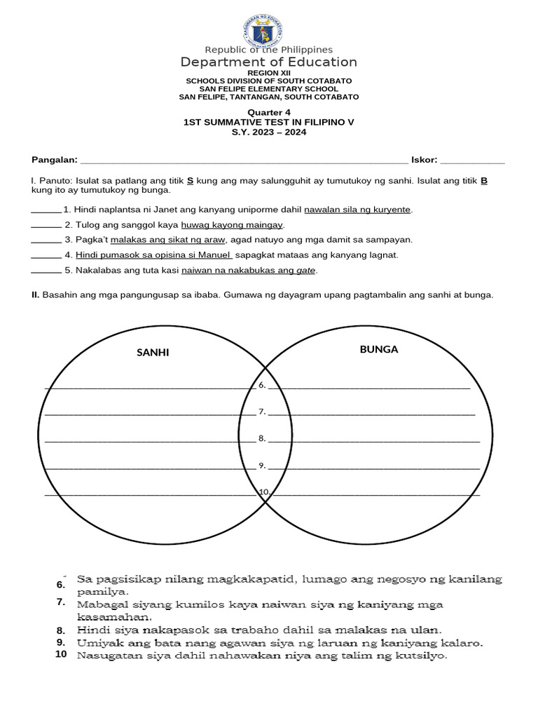 1st Parallel Test in Filipino Quarter 4 | PDF