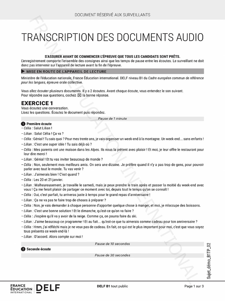 Đề thi DELF B1 - Đề 04 - Transcription | PDF