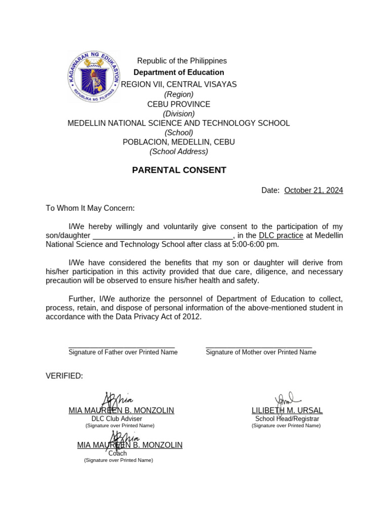 Parental Consent Form for DLC Participation | PDF