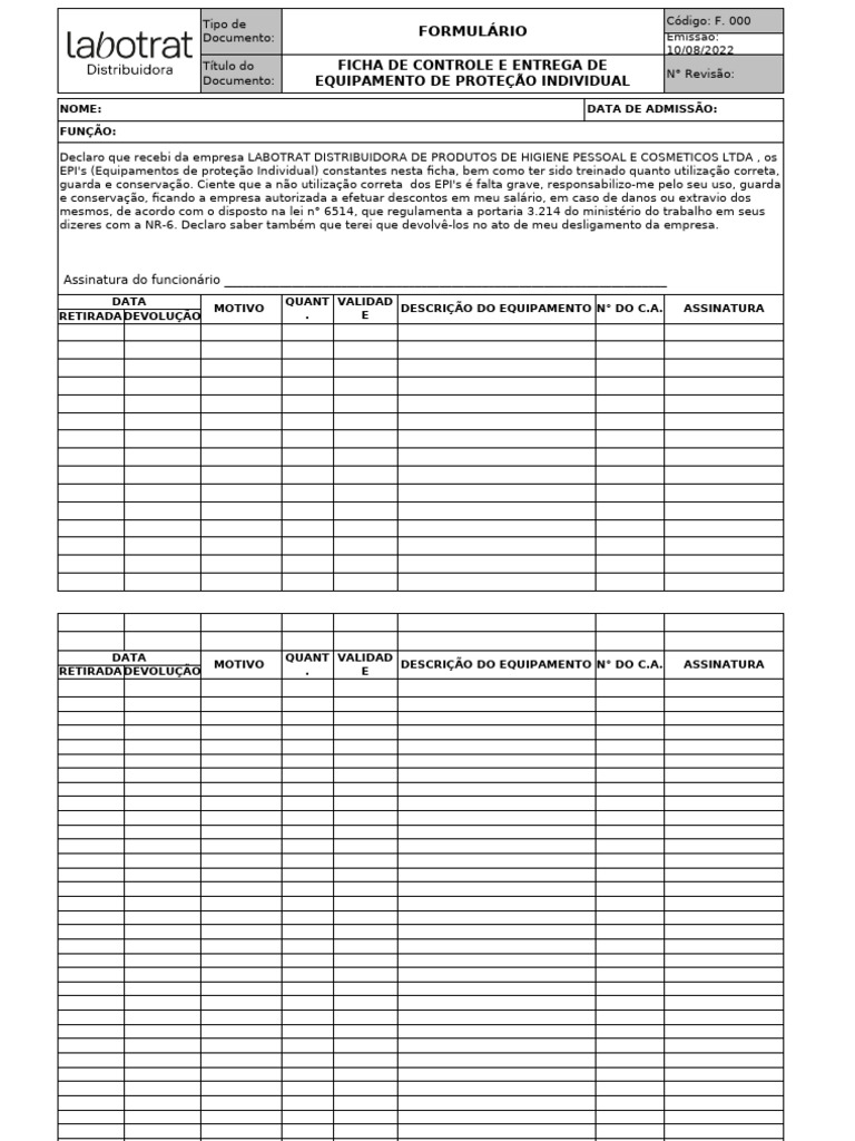 F.000 - FORMULÁRIO FICHA DE EPI DISTRIBUIDORA | PDF