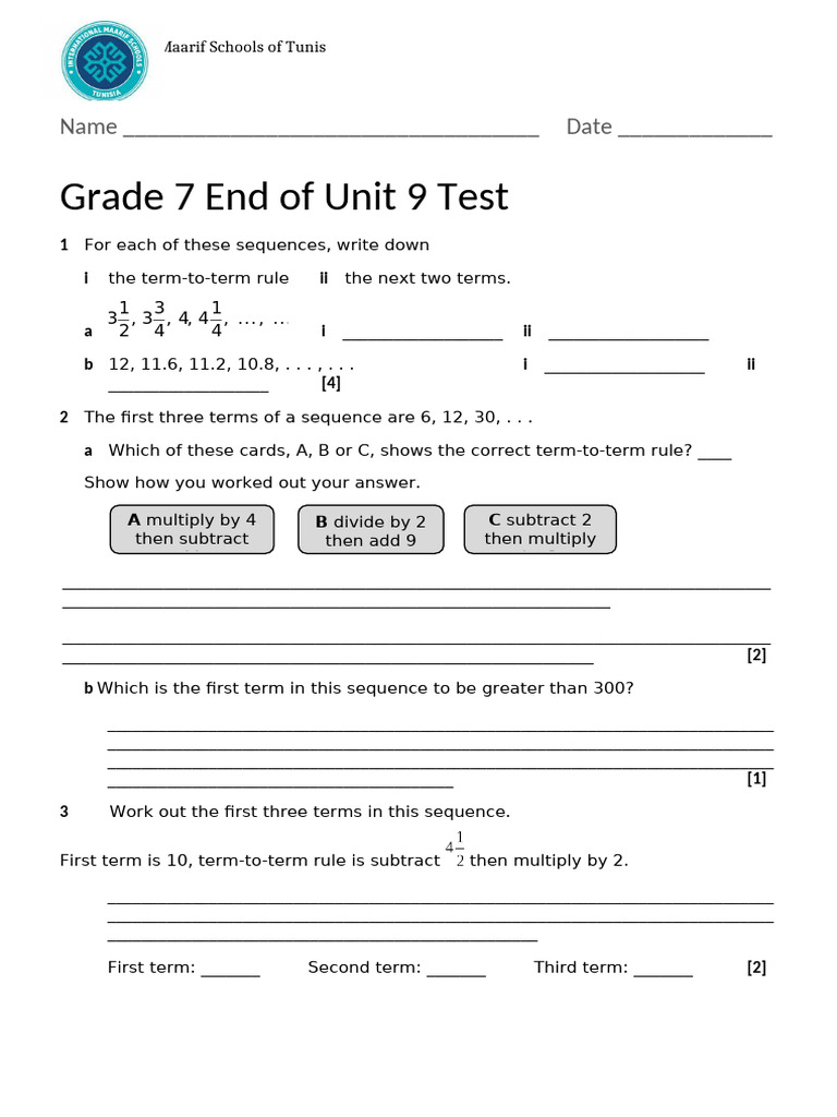 Stage 8 End of Unit 9 Test-Edited | PDF | Function (Mathematics ...