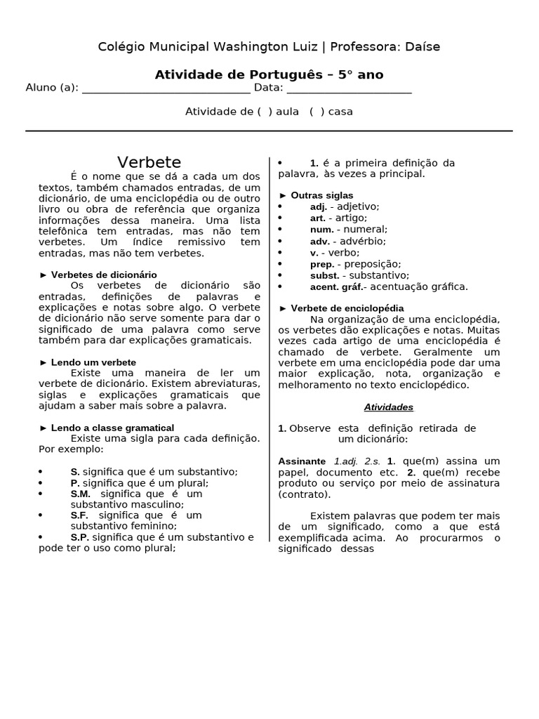 Verbete de Dicionário: Grilo | PDF | Palavra | Substantivo