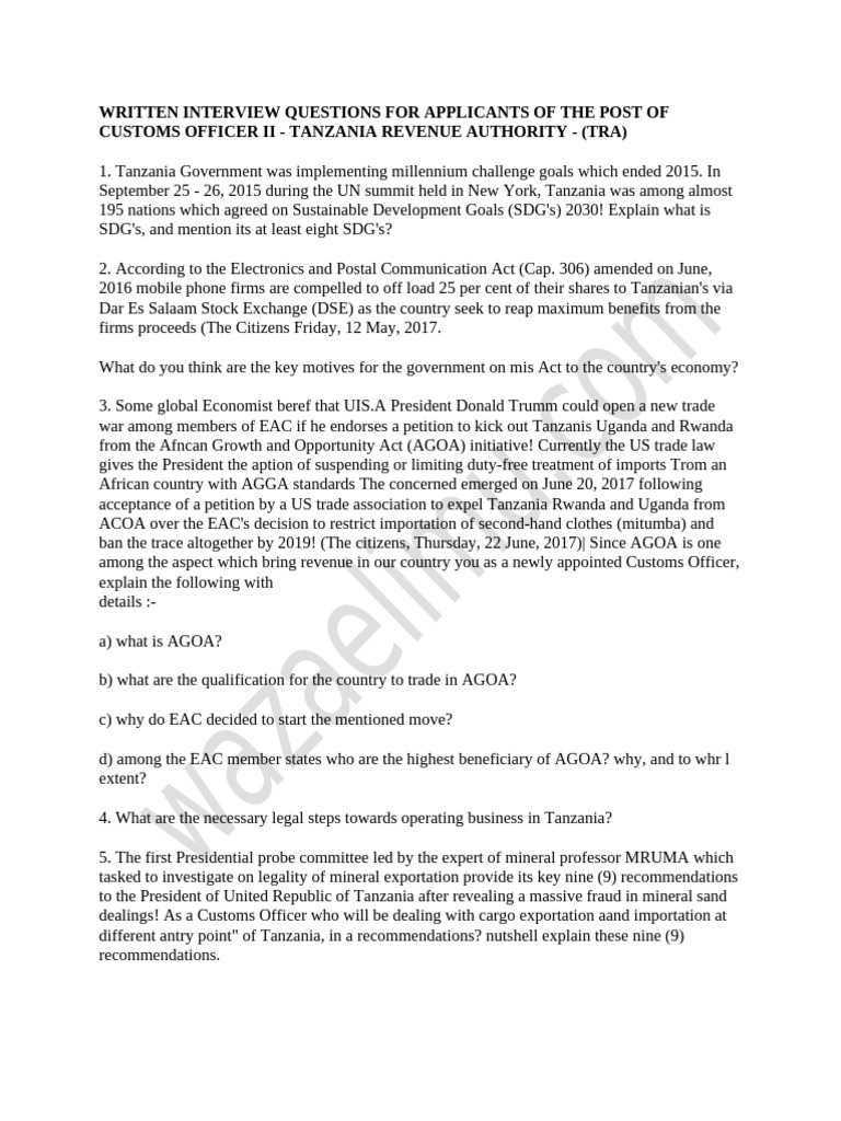 Customs Officer Interview Questions TRA | PDF | Tanzania | Economies