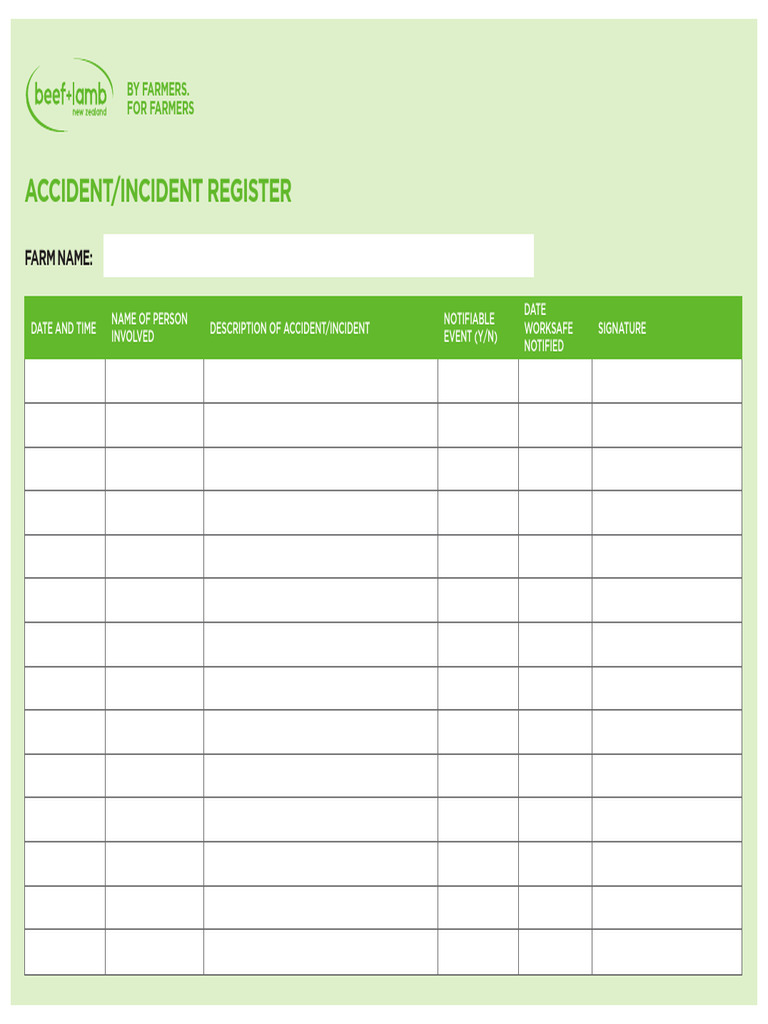 Farm Accident Incident Register Template | PDF