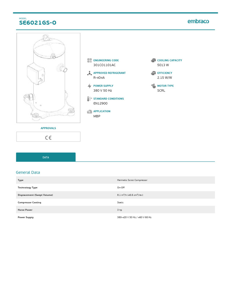 Embraco Scroll Compressor SE6021GS O Datasheet | PDF | Electric Motor | Electricity