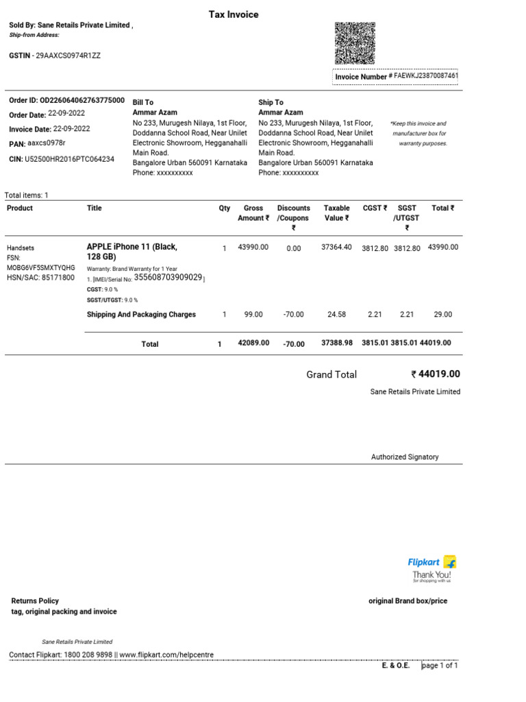 Flipkart Iphone 11.invoice | PDF | Apple Inc. Hardware | Ios