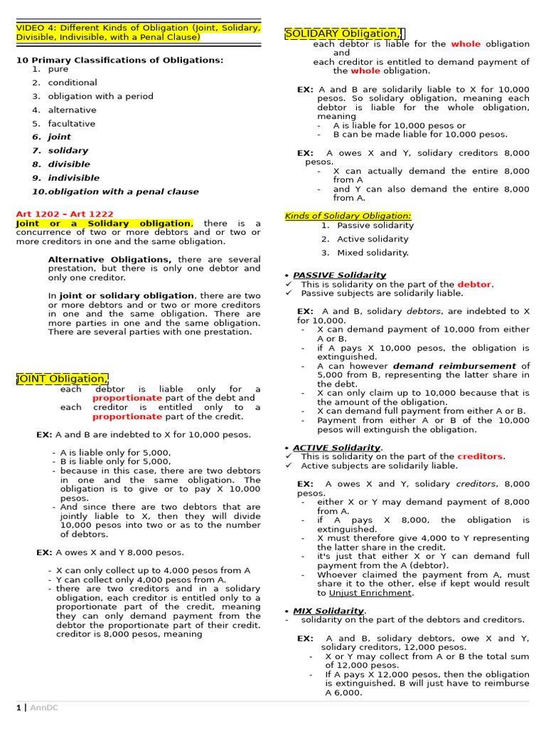 Types of Joint and Solidary Obligations | PDF | Debtor | Debt