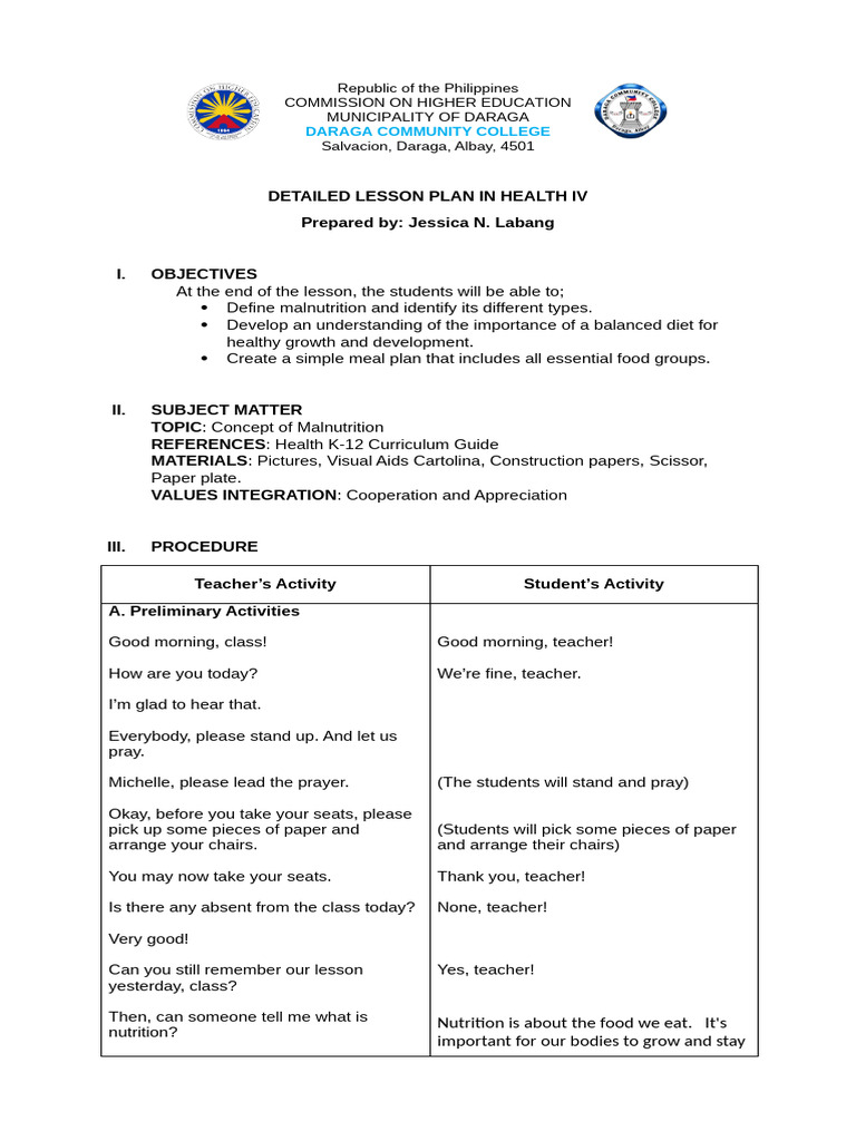 HEALTH Detailed Lesson Plan | PDF | Malnutrition | Obesity