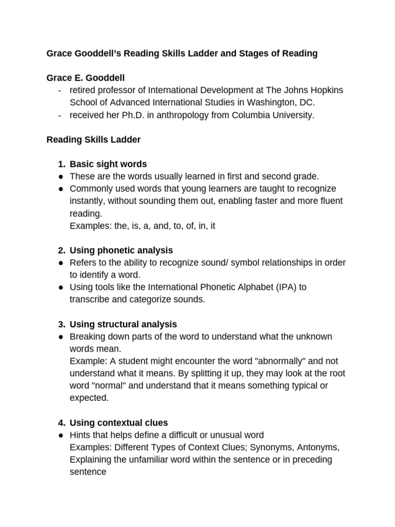 Grace Gooddell's Reading Skills Ladder and Stages of Reading | PDF ...