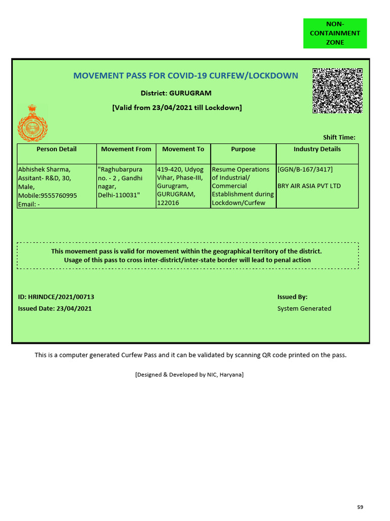 Gurugram COVID-19 Movement Pass Details | PDF