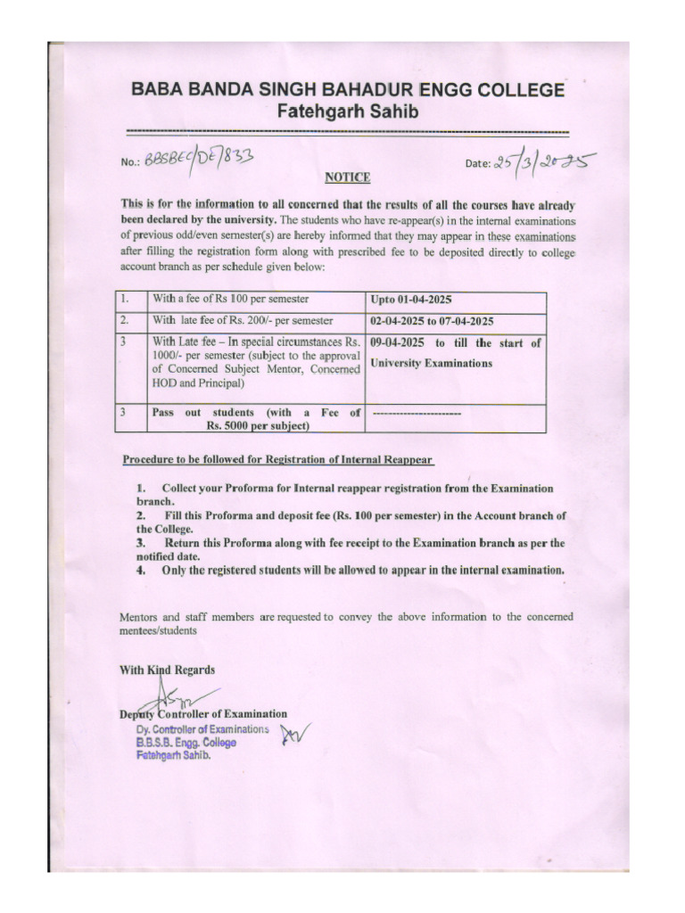 Notice - Regarding - Re-Appear Exams of April May 2025 | PDF
