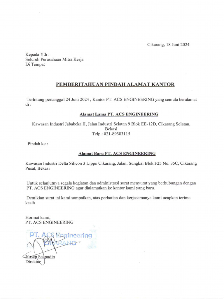 PEMBERITAHUAN PINDAH ALAMAT KANTOR PT ACS ENGINEERING | PDF