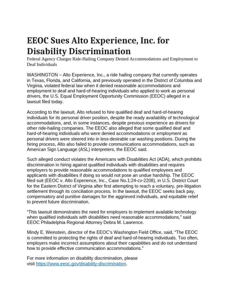 EEOC Sues Alto for Disability Bias | PDF | Americans With Disabilities ...