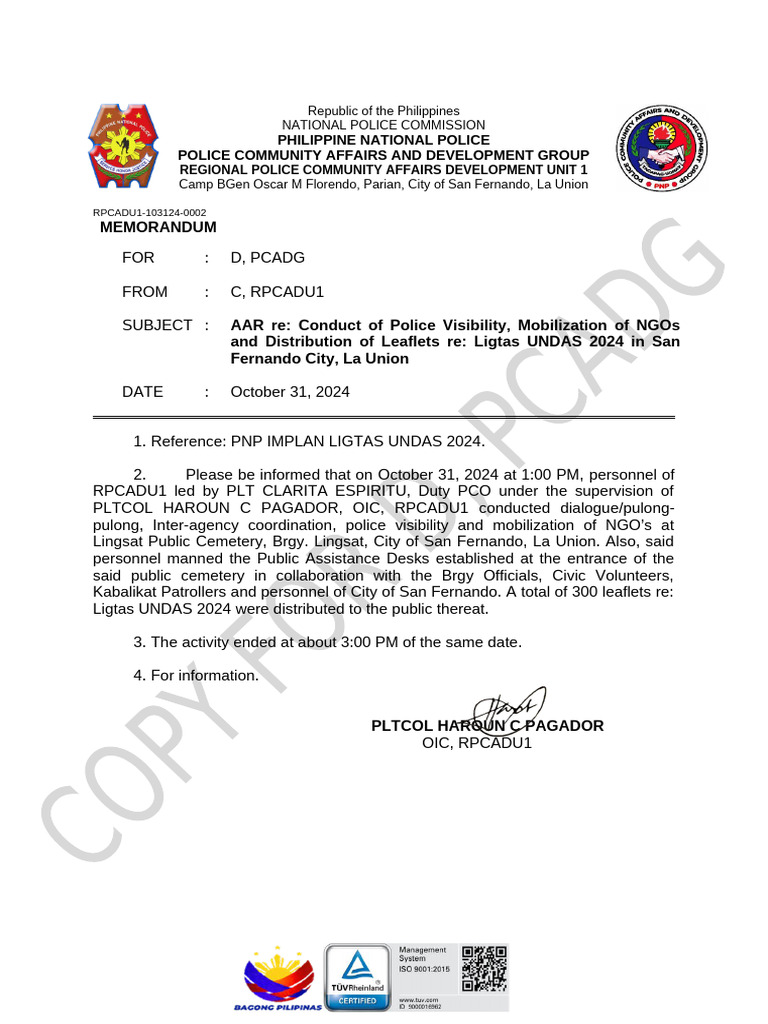 Police Visibility for Ligtas UNDAS 2024 | PDF