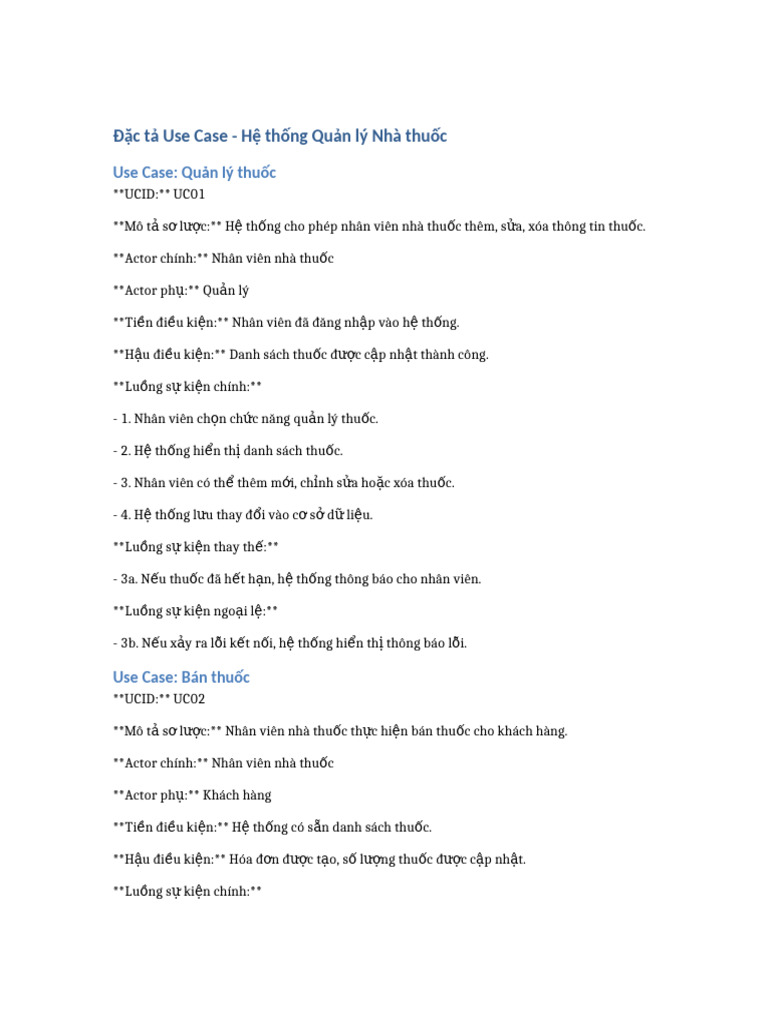 Dac Ta Use Case Nha Thuoc | PDF
