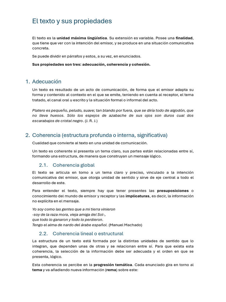 El Texto y Sus Propiedades - Adecuación Coherencia Cohesión | PDF | Palabra | Adverbio