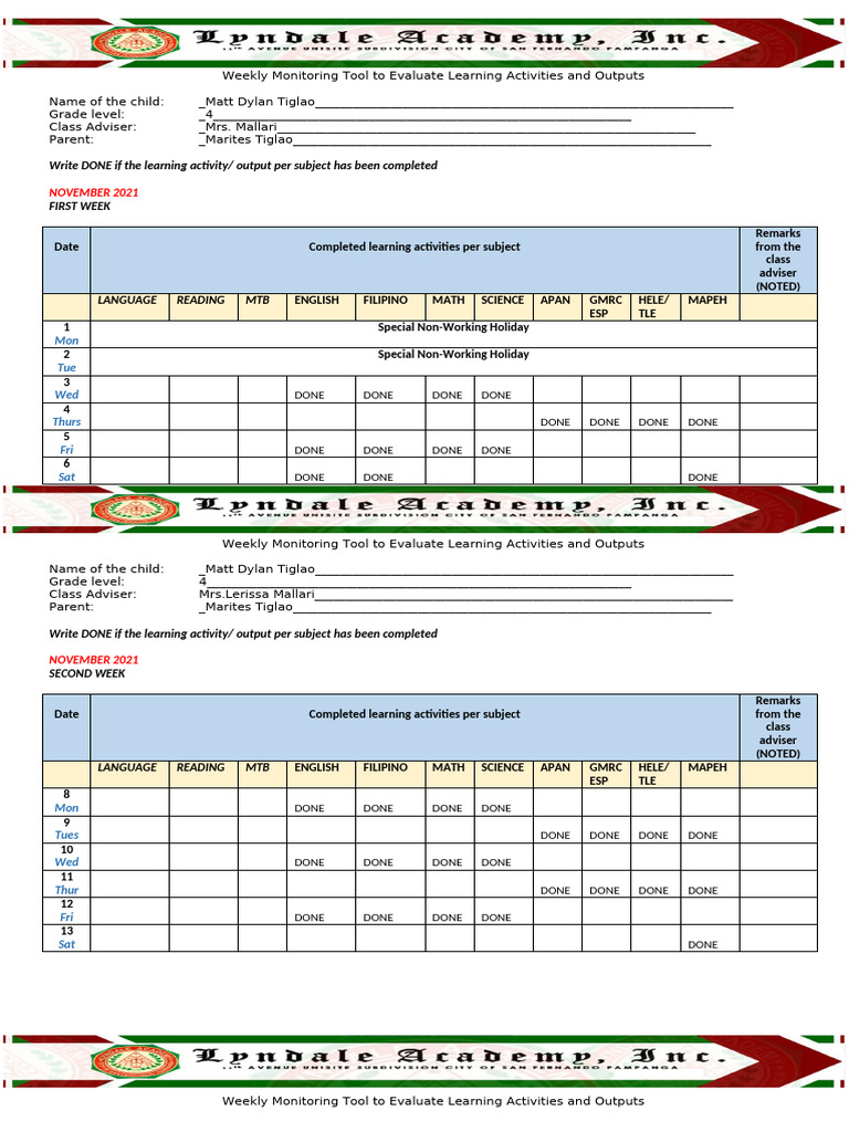Weekly Learning Activity Tracker | PDF