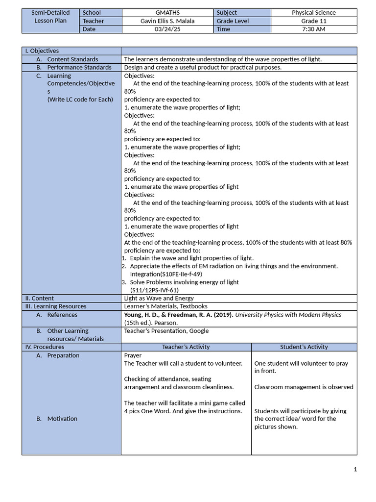 Grade 11 Physical Science Lesson Plan | PDF | Light | Learning