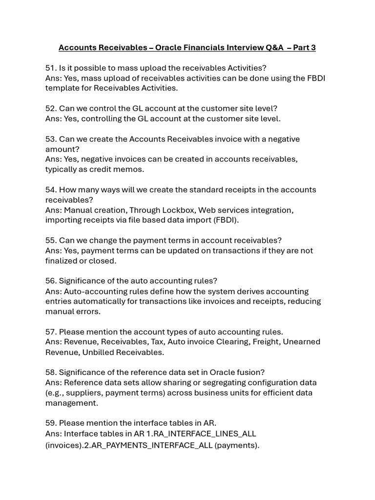 Accounts Receivables - Oracle Fusion Interview Q&A - Part 3 | PDF | Receipt | Invoice